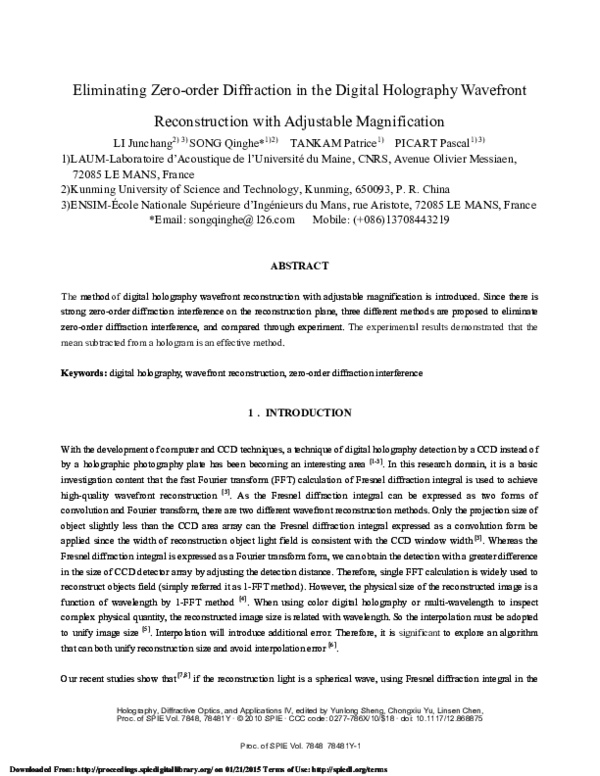 (PDF) Eliminating zero-order diffraction in the digital holography ...