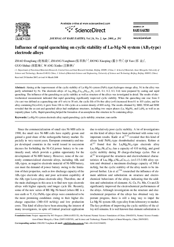 (PDF) Influence of rapid quenching on cyclic stability of La-Mg-Ni ...