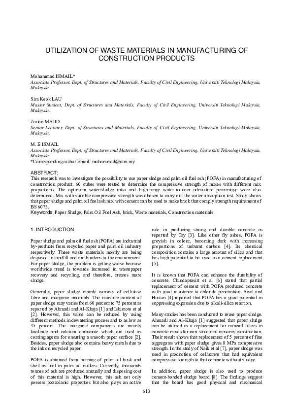 (PDF) UTILIZATION OF WASTE MATERIALS IN MANUFACTURING OF CONSTRUCTION ...