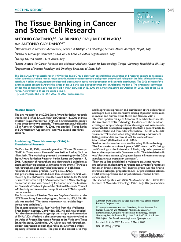 (PDF) The tissue banking in cancer and stem cell research