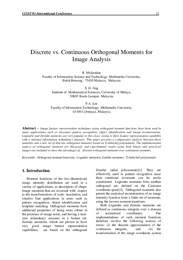 Discrete vs. continuous orthogonal moments for image analysis