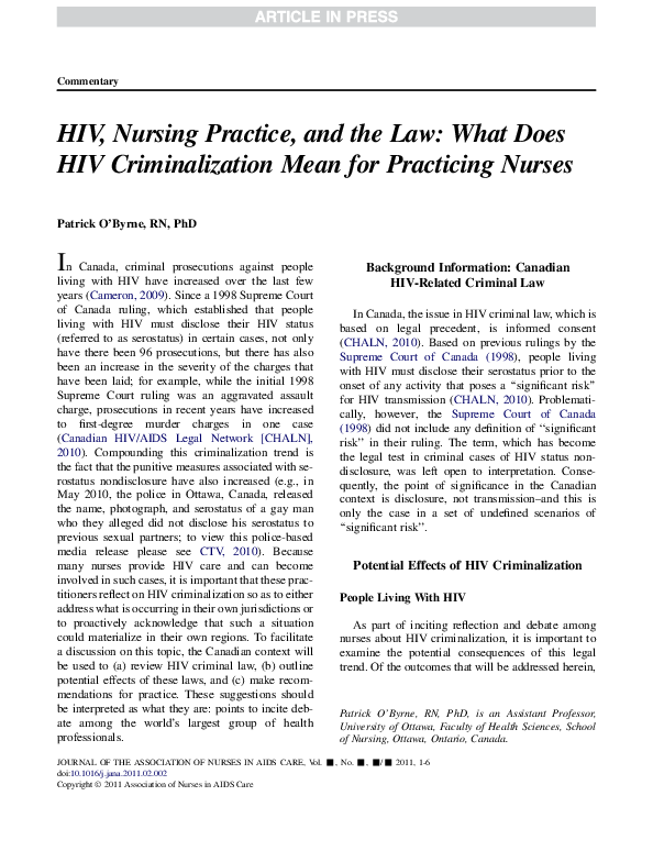 (PDF) HIV, Nursing Practice, and the Law: What Does HIV Criminalization ...