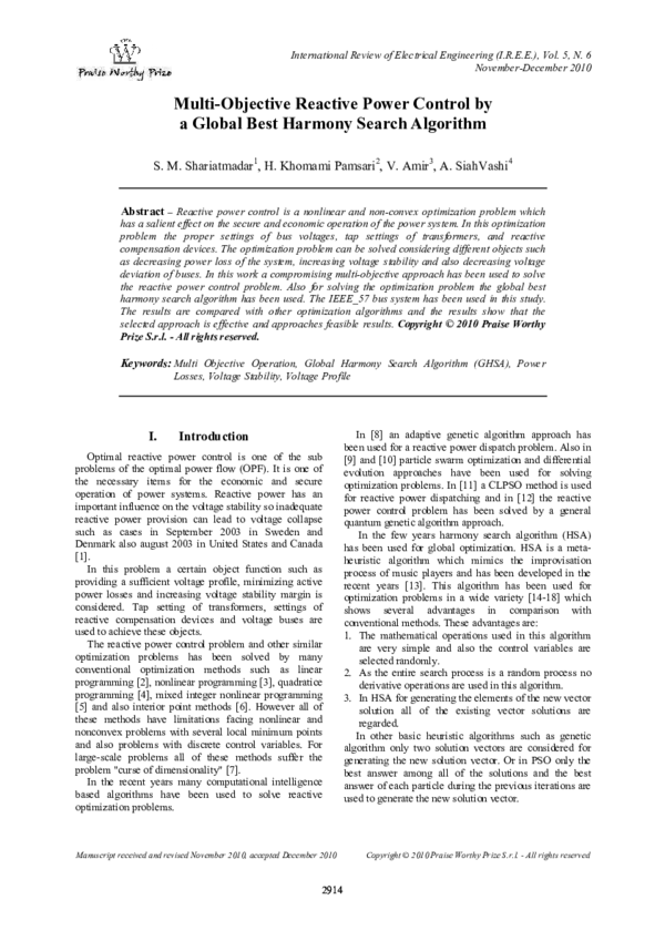 (PDF) Multi-Objective Reactive Power Control by a Global Best Harmony Search Algorithm | ali ...