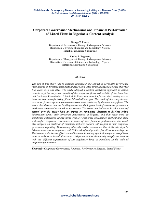 (PDF) Corporate Governance Mechanisms and Financial Performance of Listed Firms in Nigeria: A ...