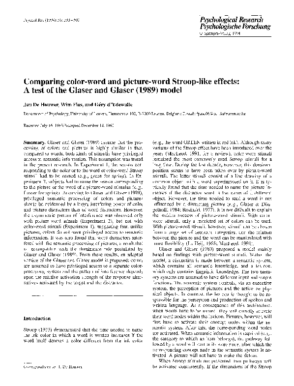 Pdf Stroop Color And Word Test Charles Golden