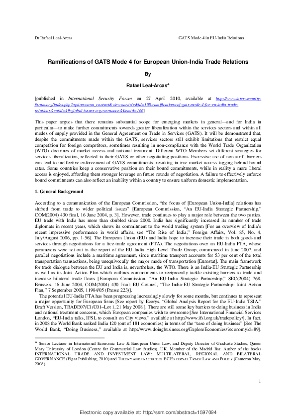 (PDF) Ramifications of GATS Mode 4 for European Union-India Trade Relations