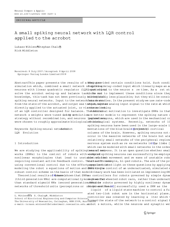 (PDF) A small spiking neural network with LQR control applied to the acrobot | Stephan Chalup ...