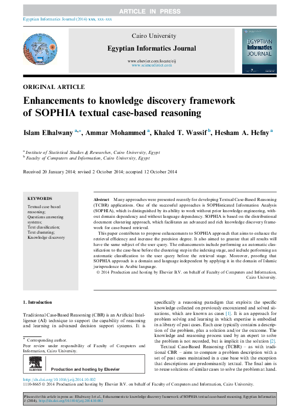 (PDF) Enhancements to knowledge discovery framework of SOPHIA textual case-based reasoning