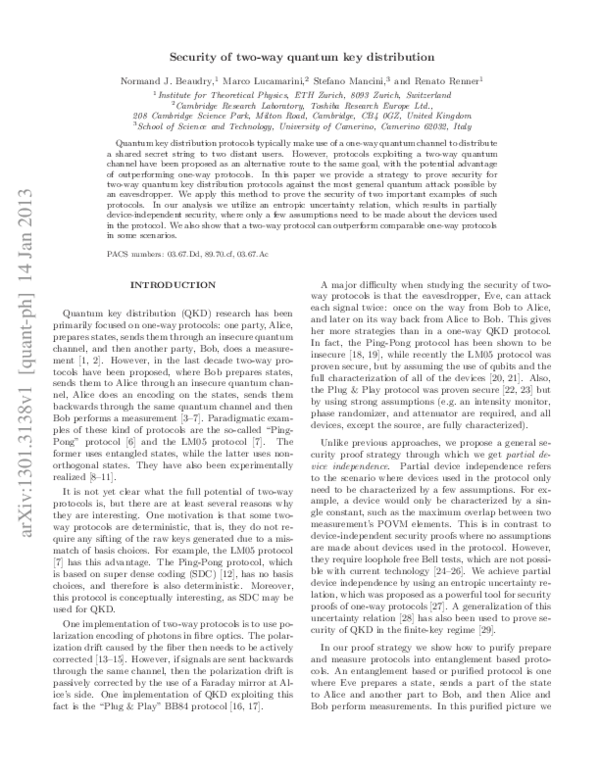 (PDF) Security of two-way quantum key distribution