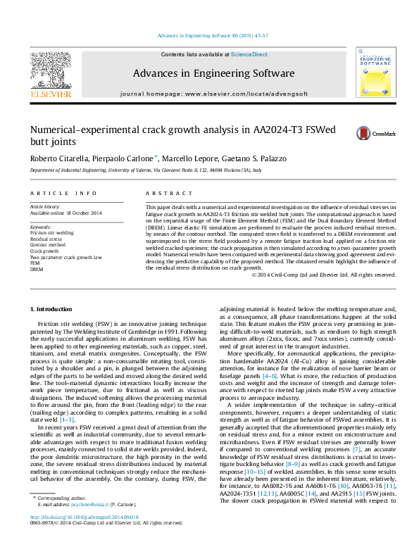 (PDF) Numerical–experimental crack growth analysis in AA2024-T3 FSWed ...