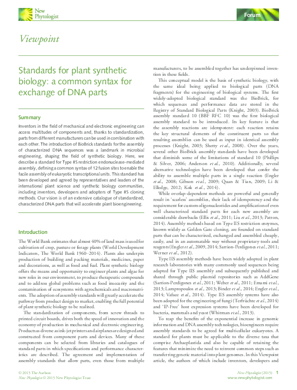 (PDF) Standards for plant synthetic biology: a common syntax for ...