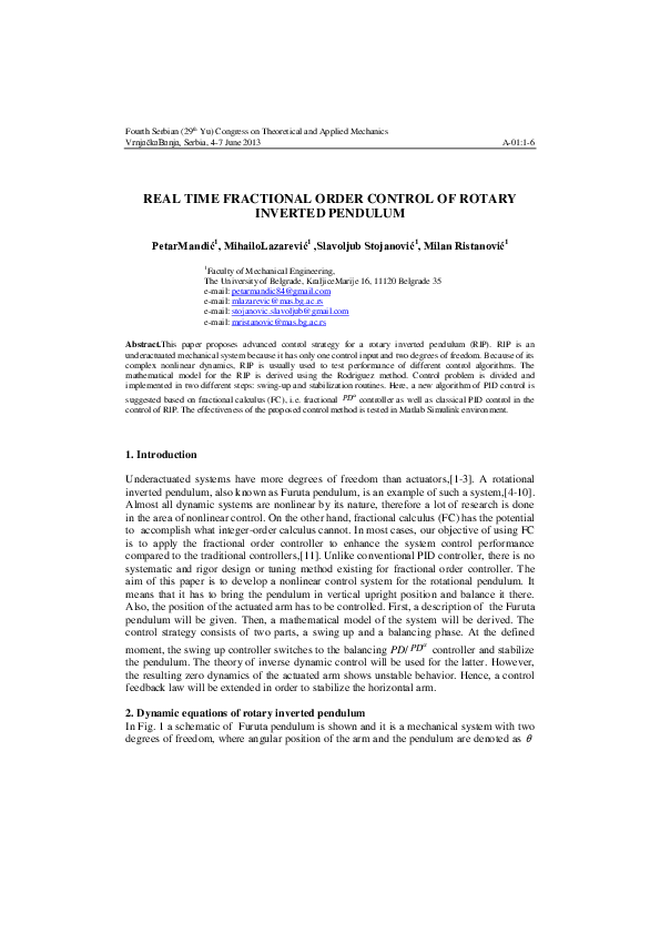 (PDF) REAL TIME CONTROL OF ROTARY INVERTED PENDULUM