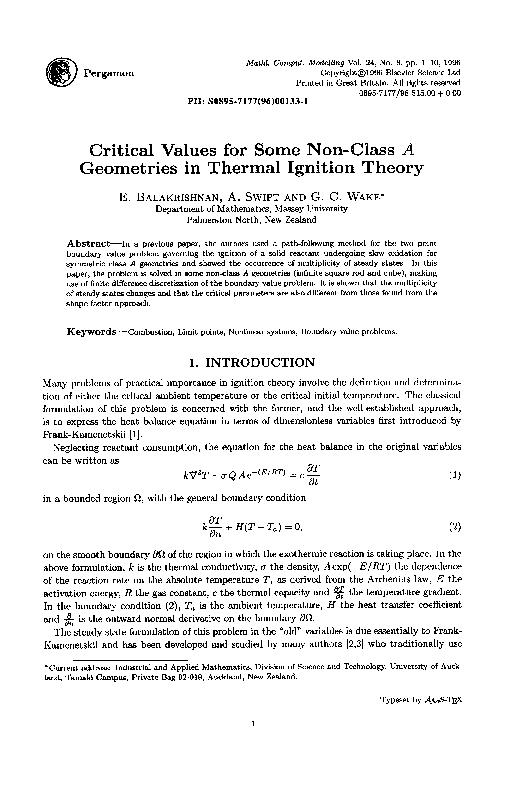 (PDF) Critical values for some non-class A geometries in thermal ignition theory
