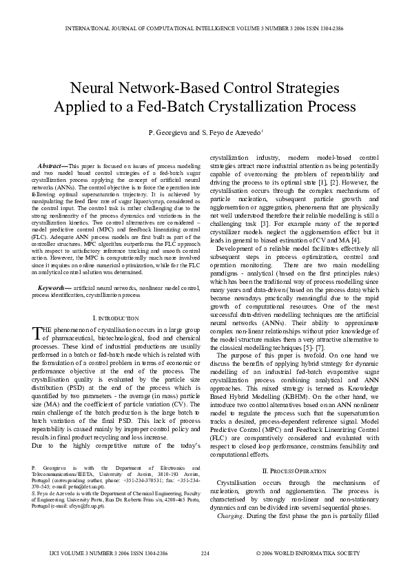 (PDF) Neural Network-Based Control Strategies Applied to a Fed-Batch Crystallization Process