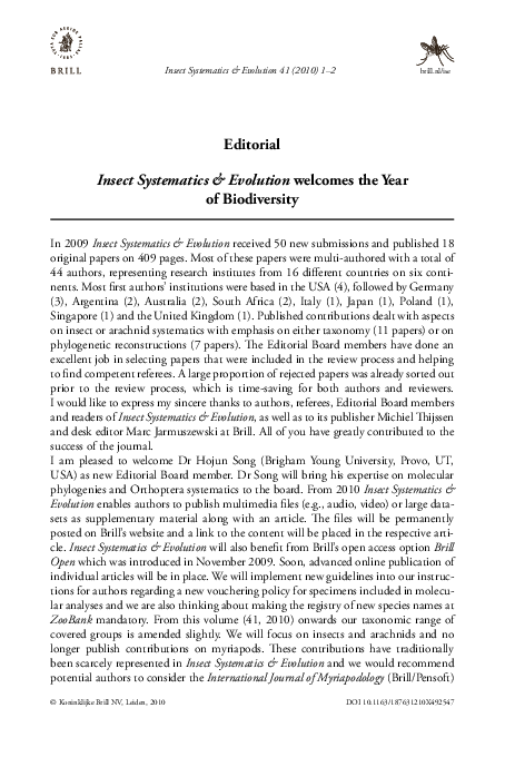 (PDF) Insect Systematics & Evolution welcomes the Year of Biodiversity