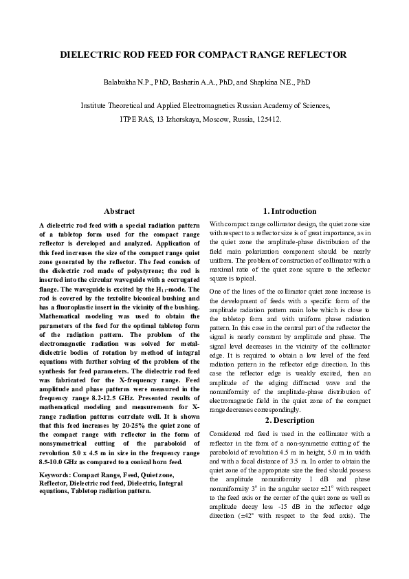 (PDF) Dielectric rod feed for compact range reflector