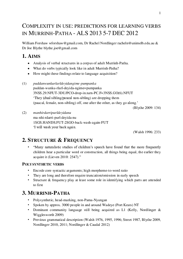 Complexity in use: Predictions for learning verbs in Murrinh-Patha