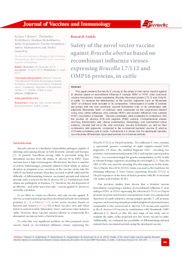 (PDF) Safety of the novel vector vaccine against Brucella abortus based ...