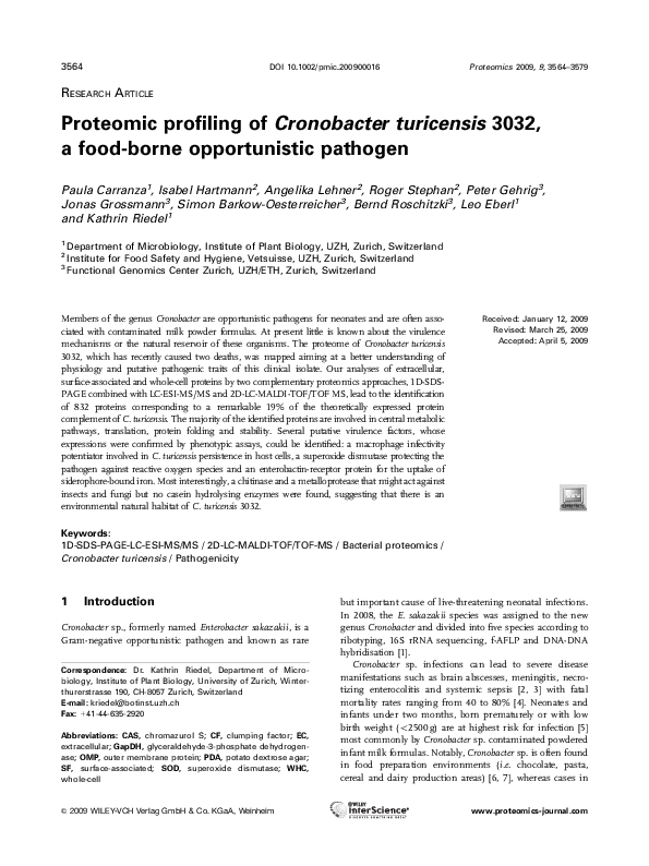 (PDF) Proteomic profiling of Cronobacter turicensis 3032, a food-borne ...
