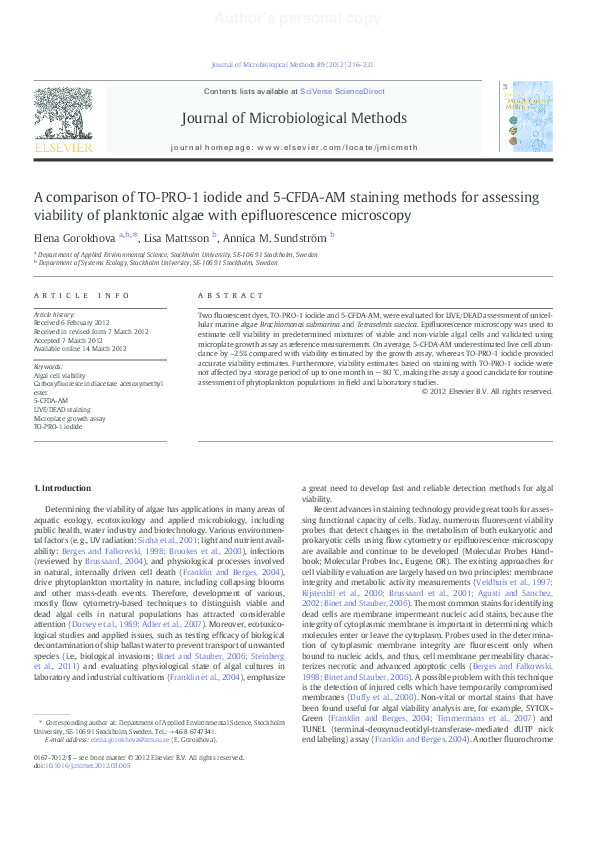 (PDF) A comparison of TO-PRO-1 iodide and 5-CFDA-AM staining methods ...