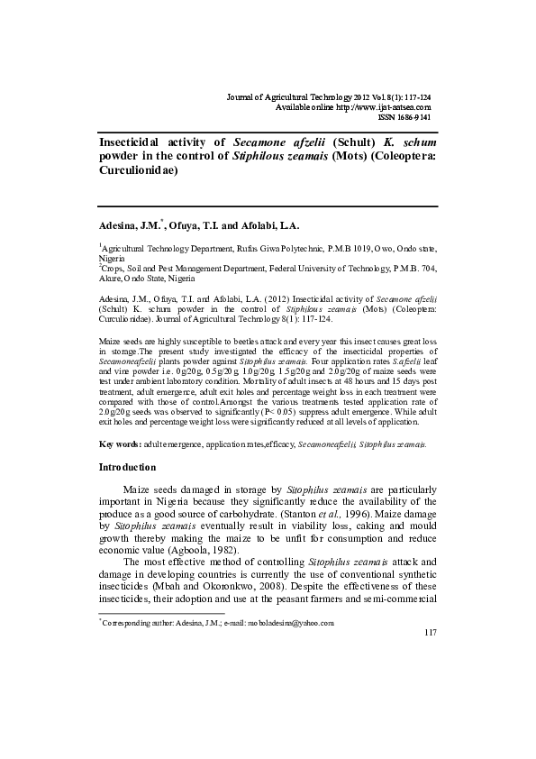 (PDF) Insecticidal activity of Secamone afzelii (Schult) K. schum ...