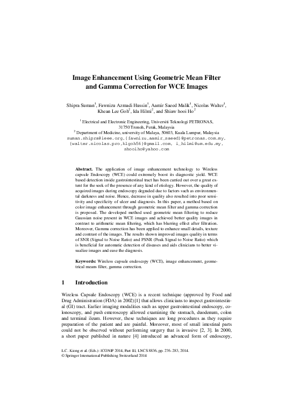 (PDF) Image Enhancement Using Geometric Mean Filter and Gamma Correction for WCE Images | Ida ...
