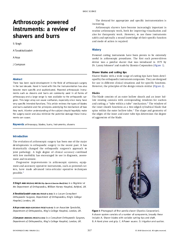 (PDF) Arthroscopic powered instruments: a review of shavers and burrs