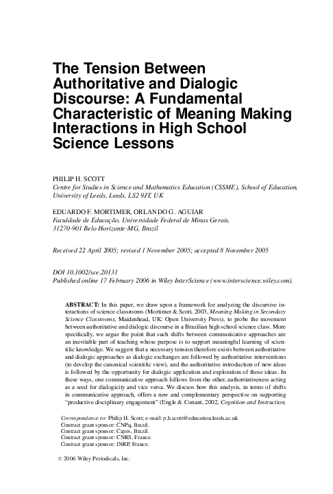 (PDF) The tension between authoritative and dialogic discourse: A fundamental characteristic of ...