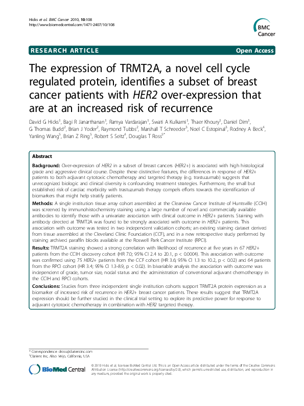 (PDF) The expression of TRMT2A, a novel cell cycle regulated protein, identifies a subset of ...