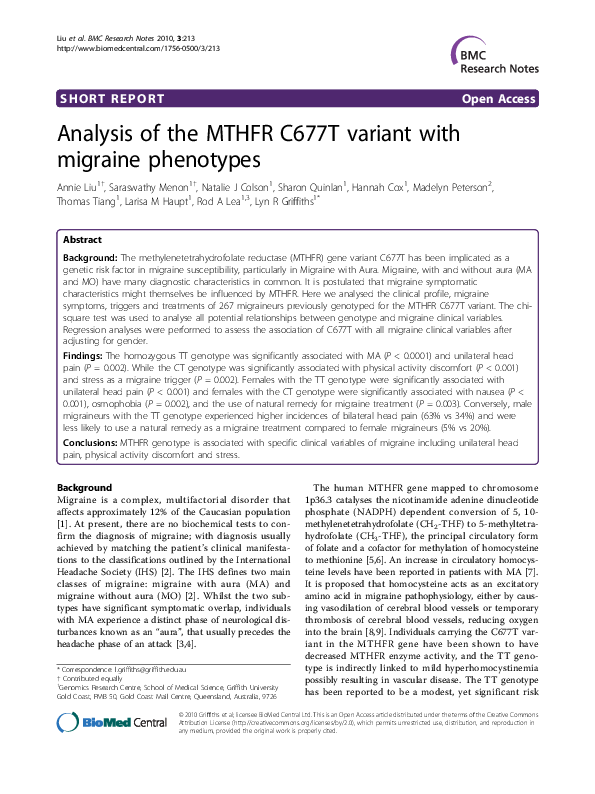 (PDF) Analysis of the MTHFR C677T variant with migraine phenotypes