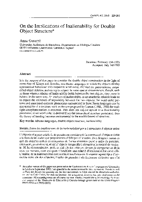 (PDF) On the implications of Inalienability for Double Objects Structure