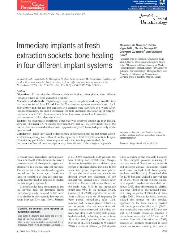 (PDF) Immediate implants at fresh extraction sockets: bone healing in four different implant systems