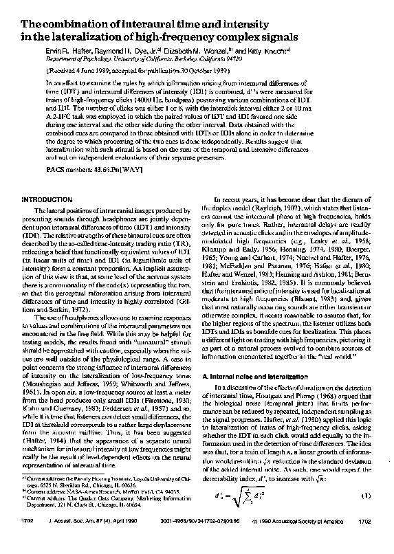 Pdf The Combination Of Interaural Time And Intensity In The Lateralization Of High Frequency