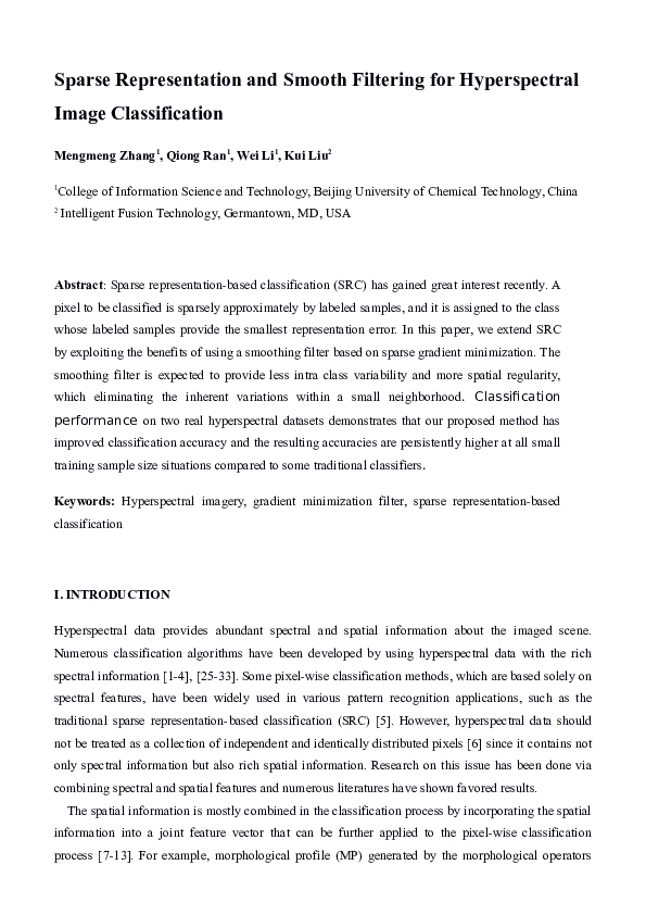 (DOC) Sparse Representation and Smooth Filtering for Hyperspectral Image Classification