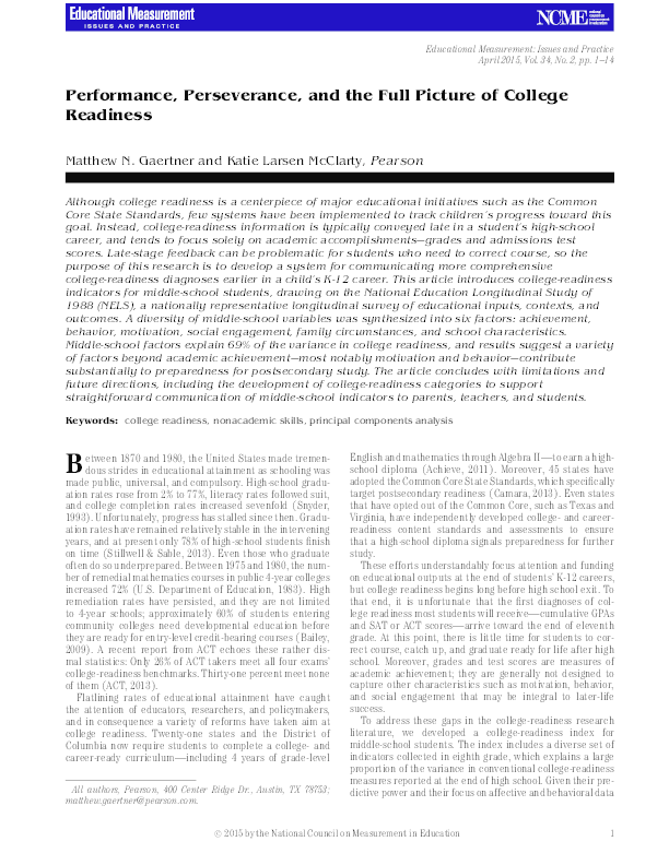 (PDF) Performance, Perseverance, and the Full Picture of College Readiness