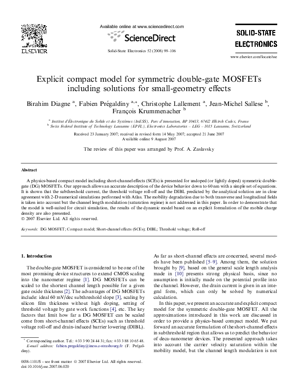 (PDF) Compact model for short channel symmetric doped double-gate MOSFETs | Antonio Cerdeira ...