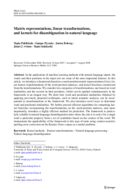 (PDF) Matrix representations, linear transformations, and kernels for ... (PDF) Matrix representations, linear transformations, and kernels for ...