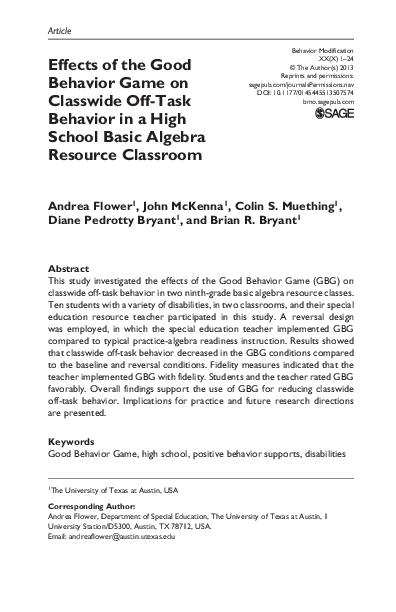 (PDF) Effects of the Good Behavior Game on classwide off-task behavior ...