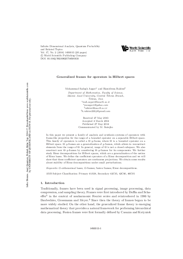 Pdf Generalized Frames For Operators In Hilbert Spaces