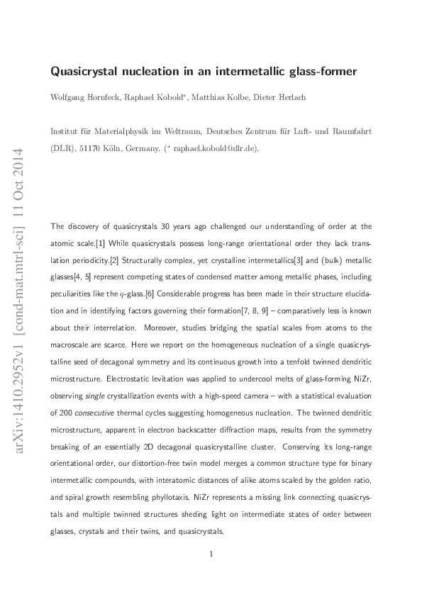 (PDF) Quasicrystal nucleation in an intermetallic glass-former