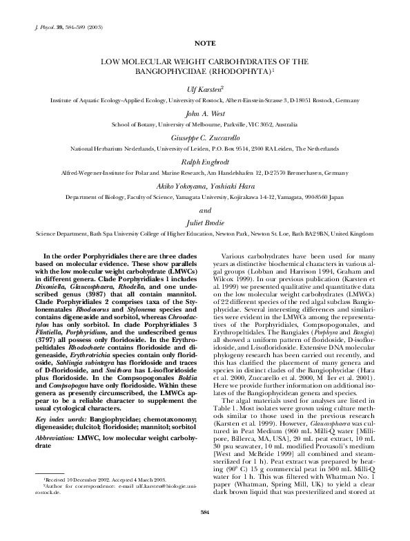 (PDF) LOW MOLECULAR WEIGHT CARBOHYDRATES OF THE BANGIOPHYCIDAE ...