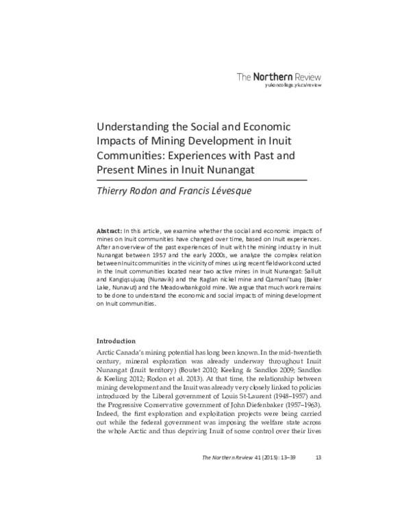 (PDF) Understanding the Social and Economic Impacts of Mining Development in Inuit Communities