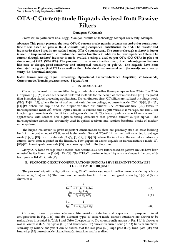 (PDF) OTA-C Current-mode Biquads derived from Passive Filters