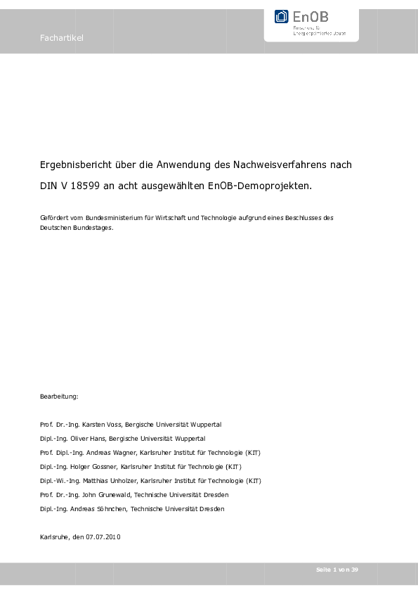 (PDF) Ergebnisbericht über die Anwendung des Nachweisverfahrens nach DIN V 18599 an acht ...