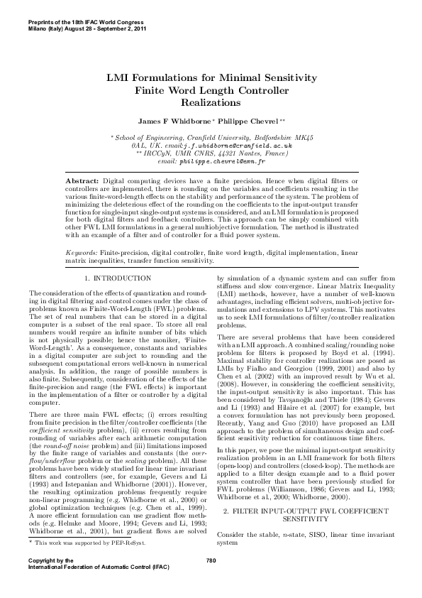 (PDF) LMI formulations for minimal sensitivity finite word length controller realizations