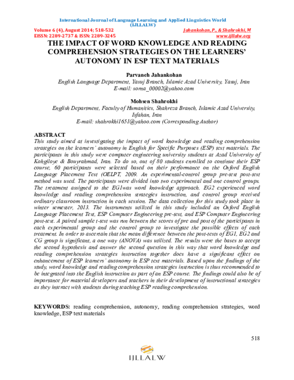 (PDF) The Impact of Word Knowledge and Reading Comprehension Strategies on the Learners’Autonomy ...