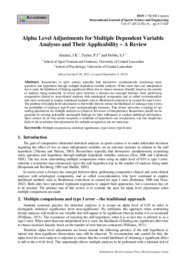 (PDF) Alpha level adjustments for multiple dependent variable analyses ...