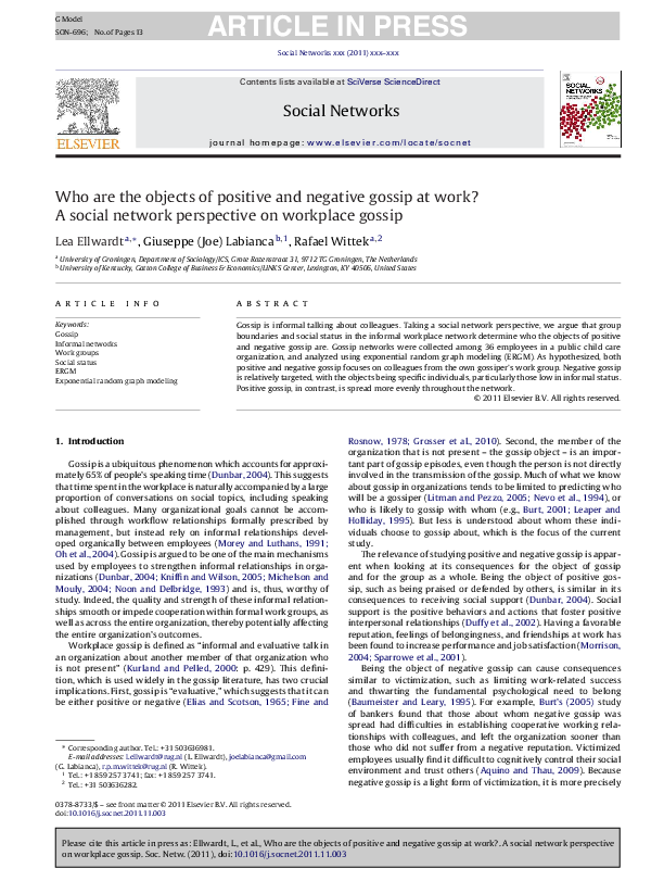 (PDF) Who are the objects of positive and negative gossip at work? A ...