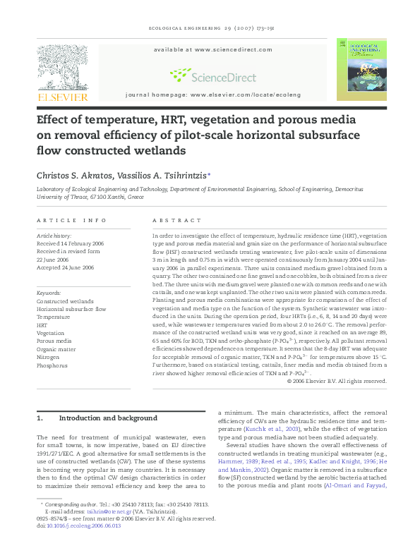 (PDF) Effect of temperature, HRT, vegetation and porous media on removal efficiency of pilot ...