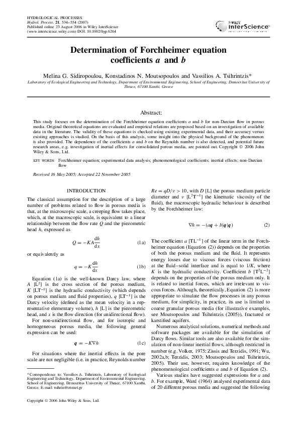 (PDF) Determination of Forchheimer equation coefficientsa andb